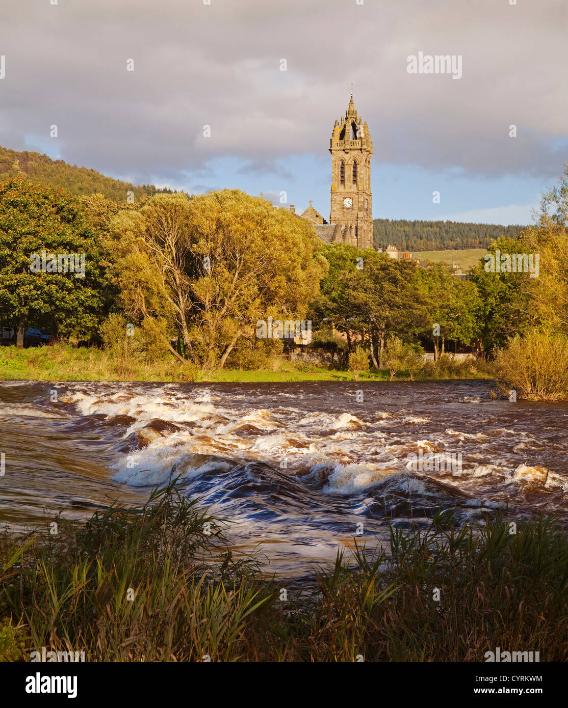 The Cauld (weir) on the River Tweed and Peebles Parish Church Stock ...