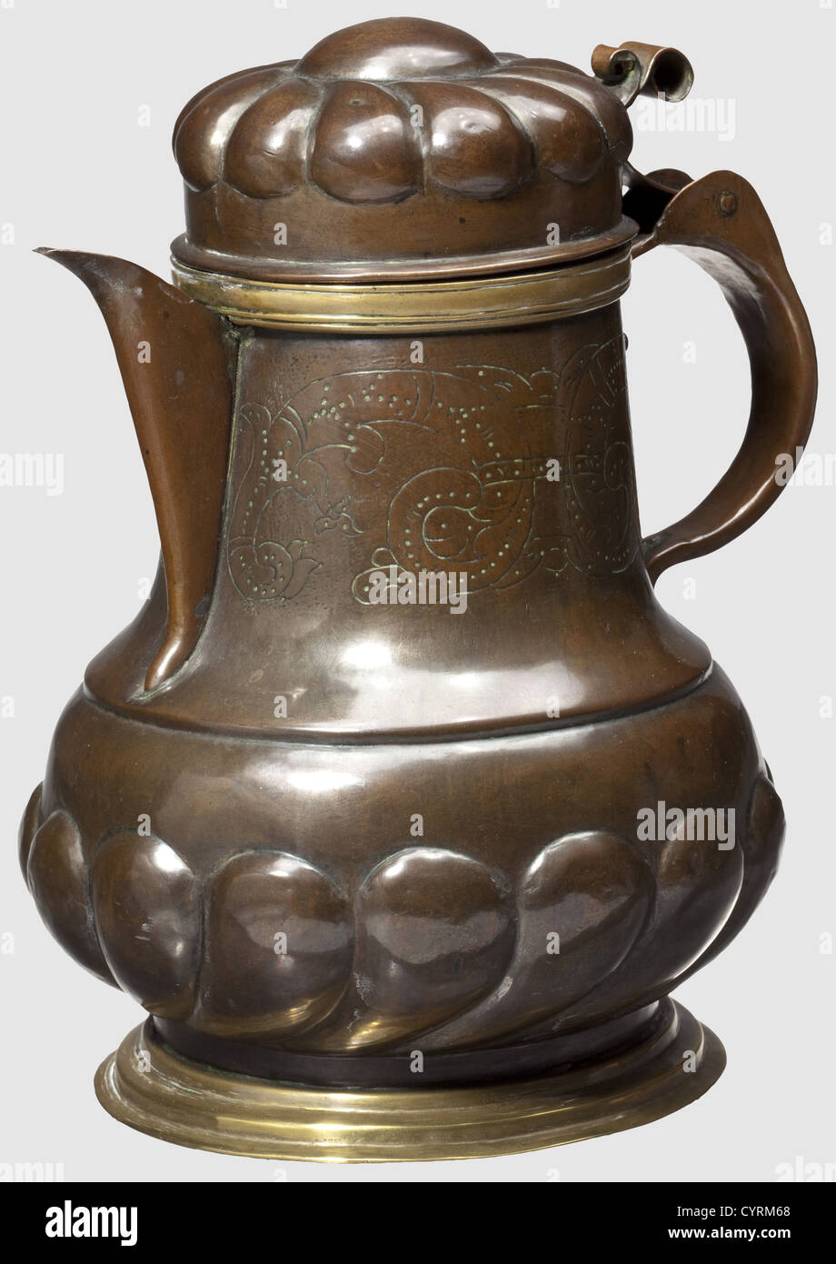 A South German engraved copper jug,17th century Globular bellied body ...