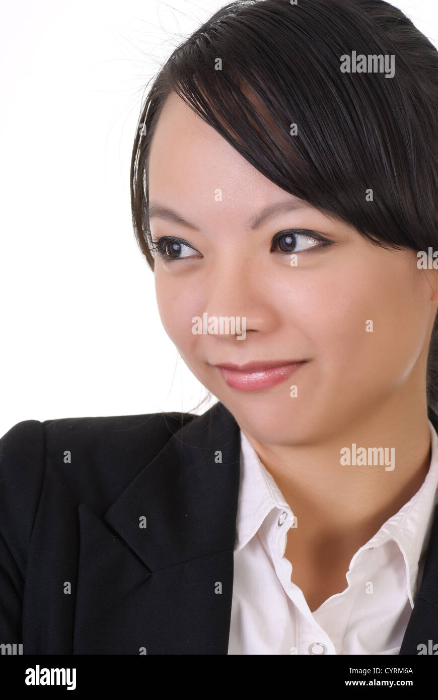 Shy business woman with smile, closeup portrait on white background ...