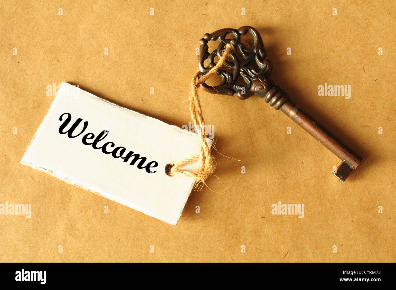 welcome concept with old grunge key and label or tag Stock Photo - Alamy