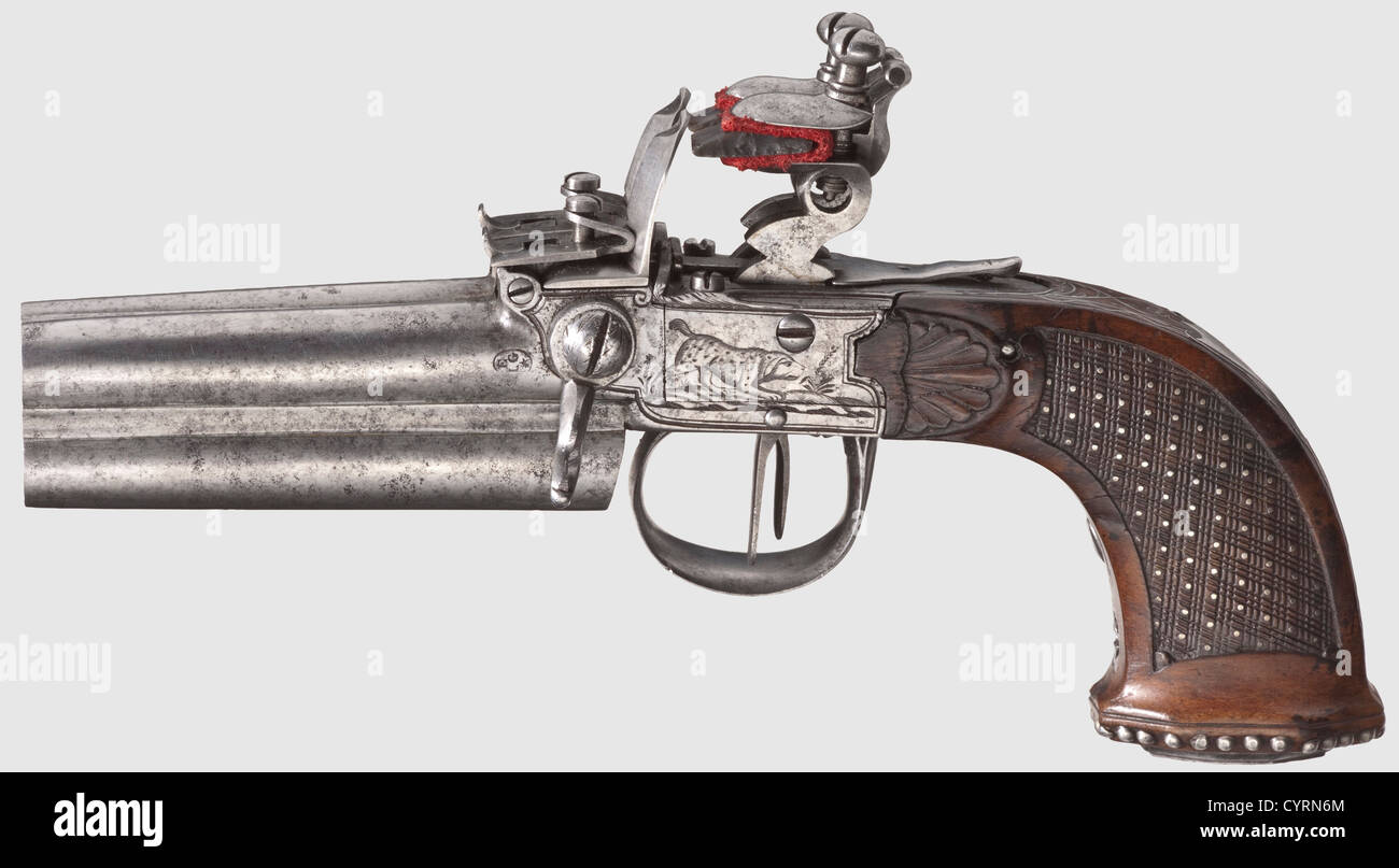 A flintlock pistol with four barrels,Liège circa 1800. Smooth barrel ...