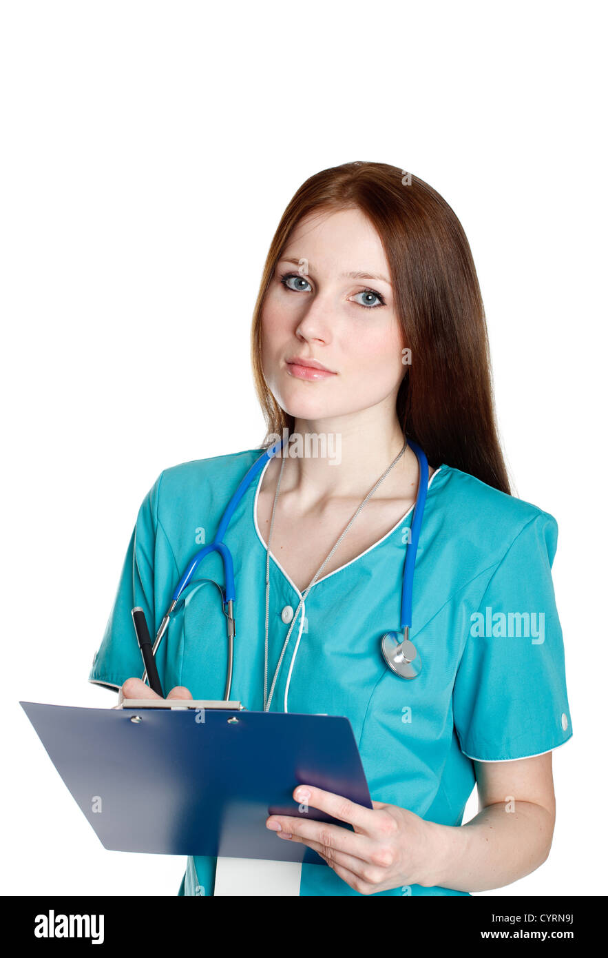Young female medic in the green uniform Stock Photo - Alamy