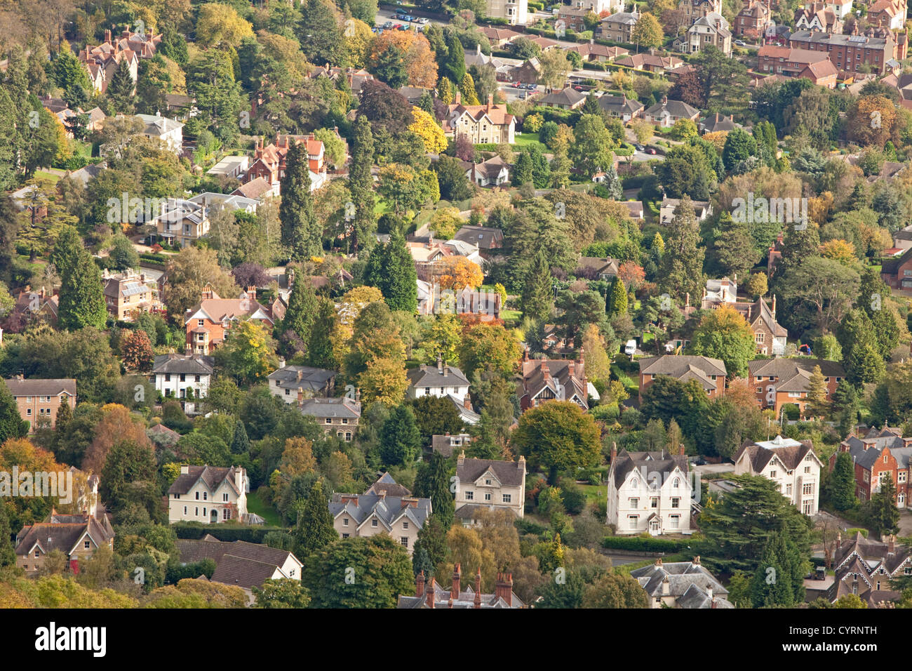 The town of Malvern in autumn from the Malvern Hills, Worcestershire ...