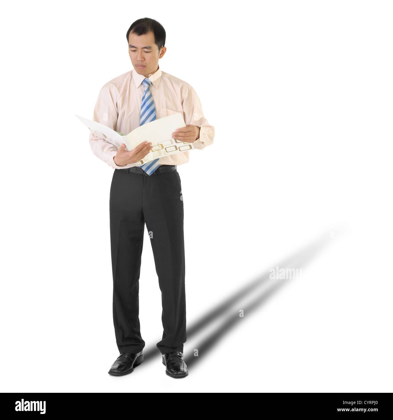 Executive reading report, full length portrait isolated on white Stock ...