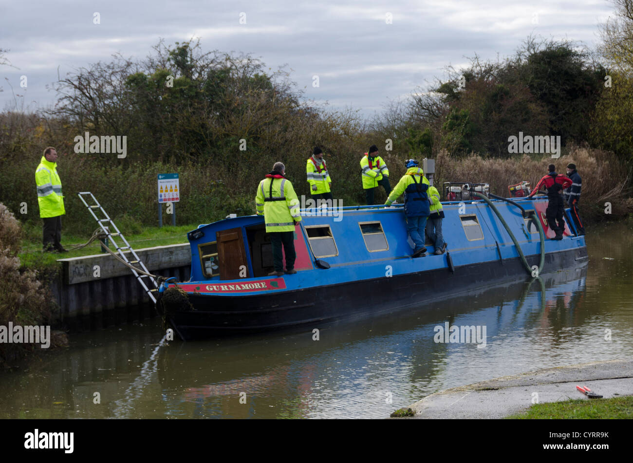 Previously sunken narrowboat having been recovered to a safe mooring ...