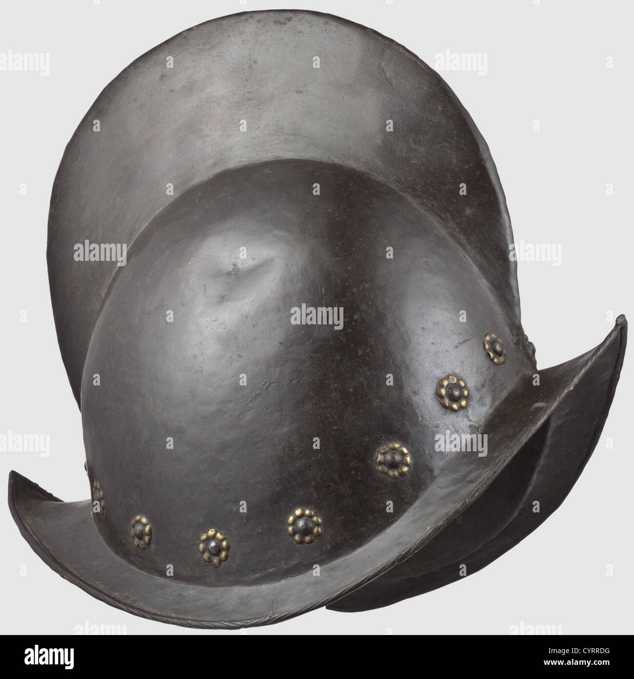 A blackened Nuremberg morion,circa 1600 One-piece skull with the ...