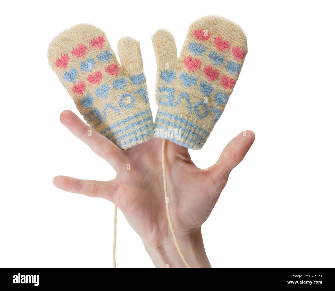 Little baby mittens on a hand isolated on white background Stock Photo ...