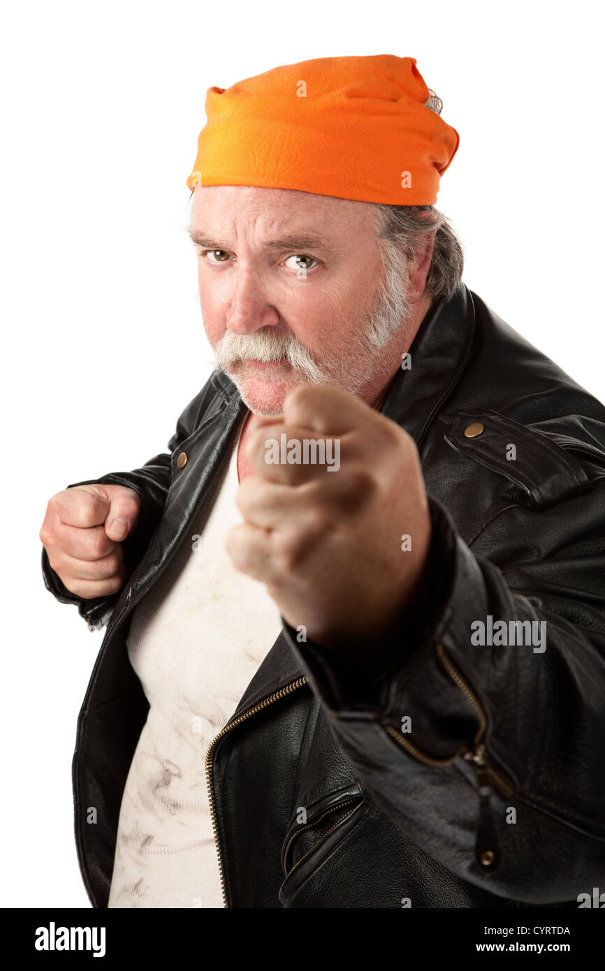 Fat gang member with closed fists and orange bandanna on white ...