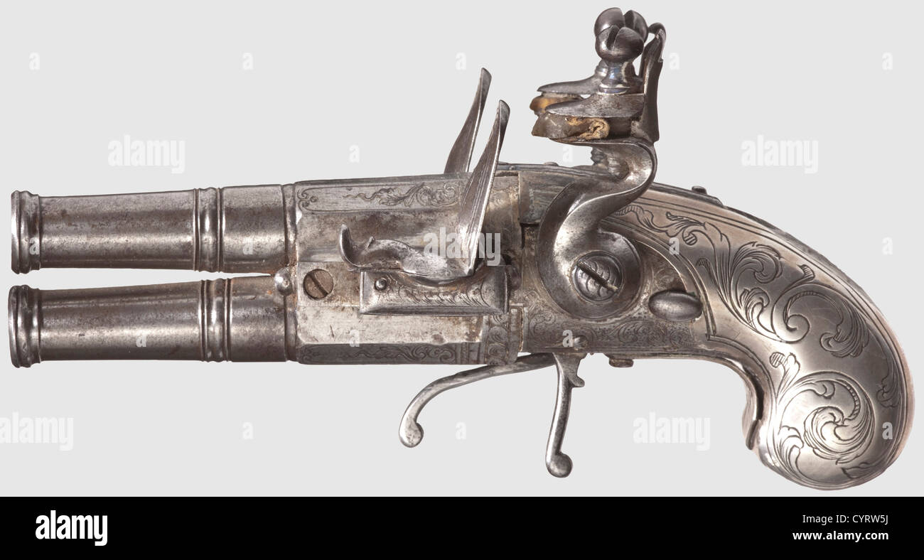 A double-barrel flintlock pocket pistol, Liège circa 1800. Round lug ...
