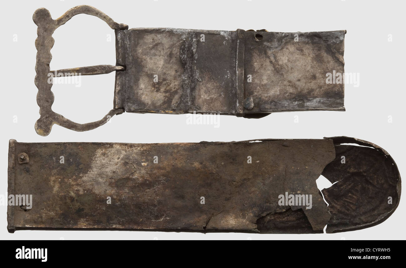 German silver gilt belt fittings,12th century. Consisting of a buckle,a ...