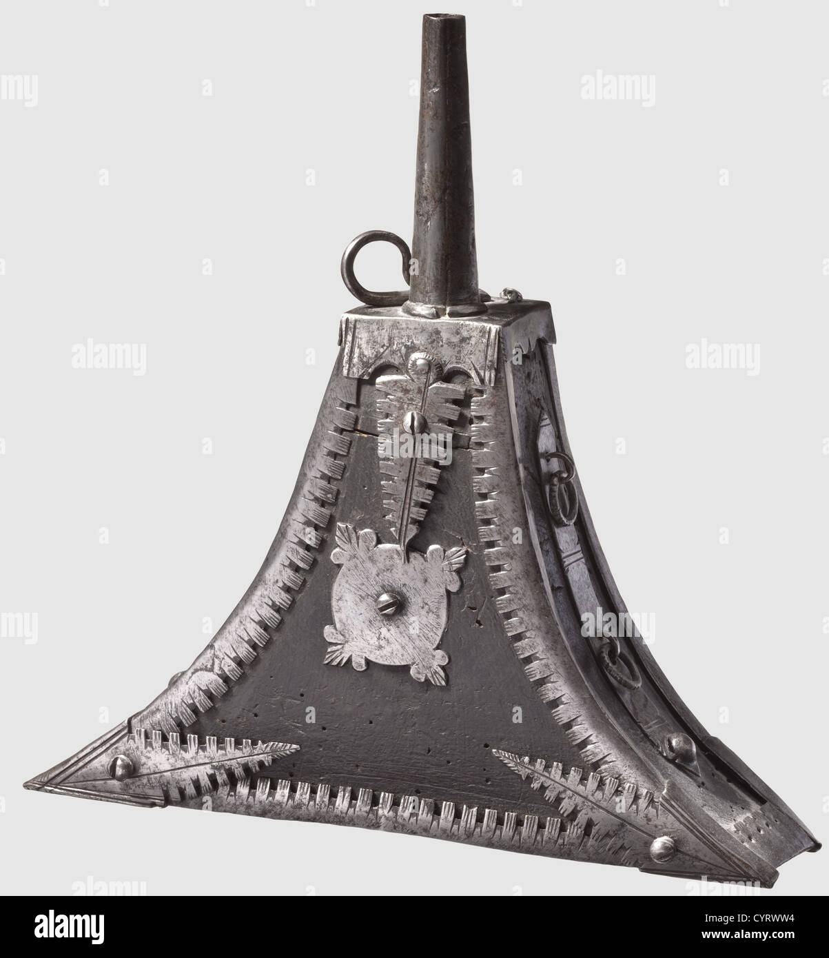 A large German musketeer powder flask, circa 1620. Blackened, wooden ...