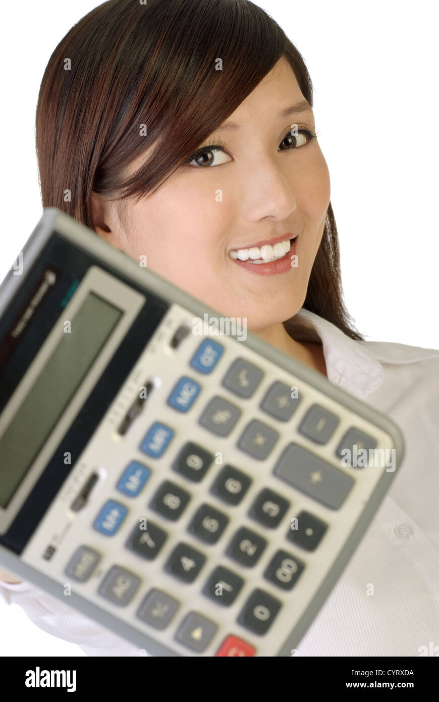 Calculator with business woman portrait on white background Stock Photo ...