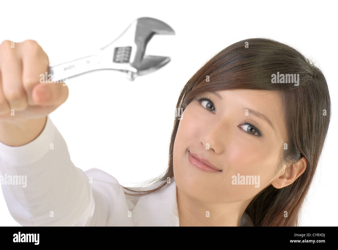 Business woman fix by using wrench with smile on white background Stock ...
