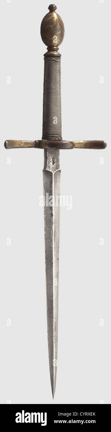 A Saxon gilded left hand dagger,circa 1600 Narrow blade,ridged on both ...