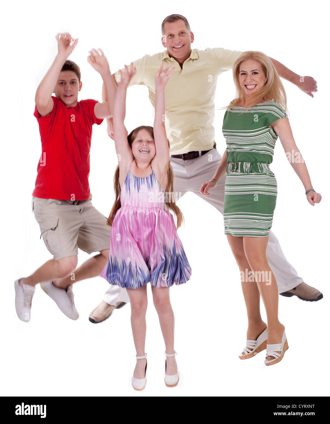 Cheerful family jumping to the air and having fun over white background ...