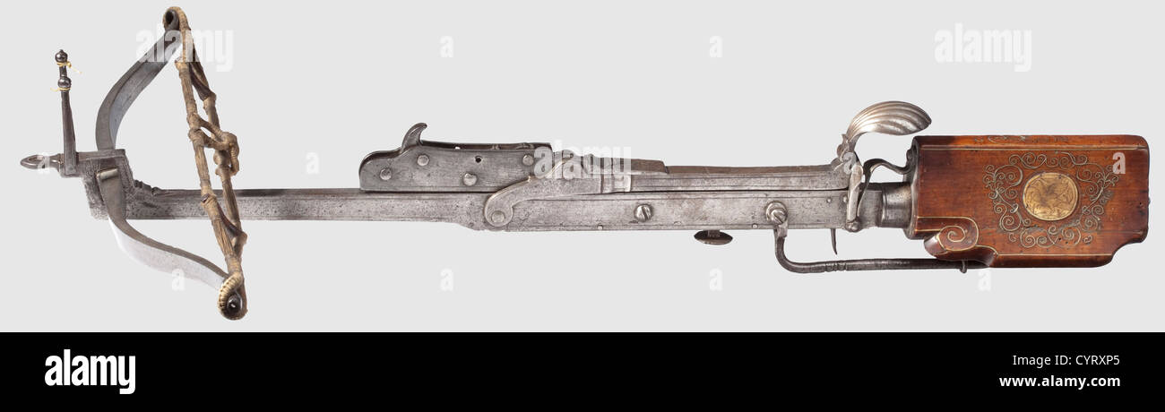 A German stonebow,circa 1600 Curved,wedged steel prod with braided hemp ...