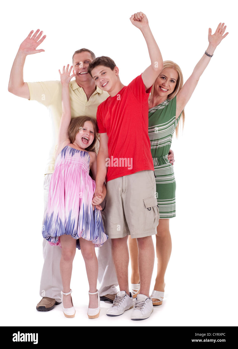 Happy family raising their hands and having fun over white background ...