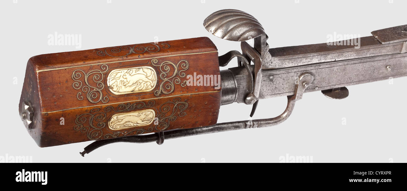 A German stonebow,circa 1600 Curved,wedged steel prod with braided hemp ...