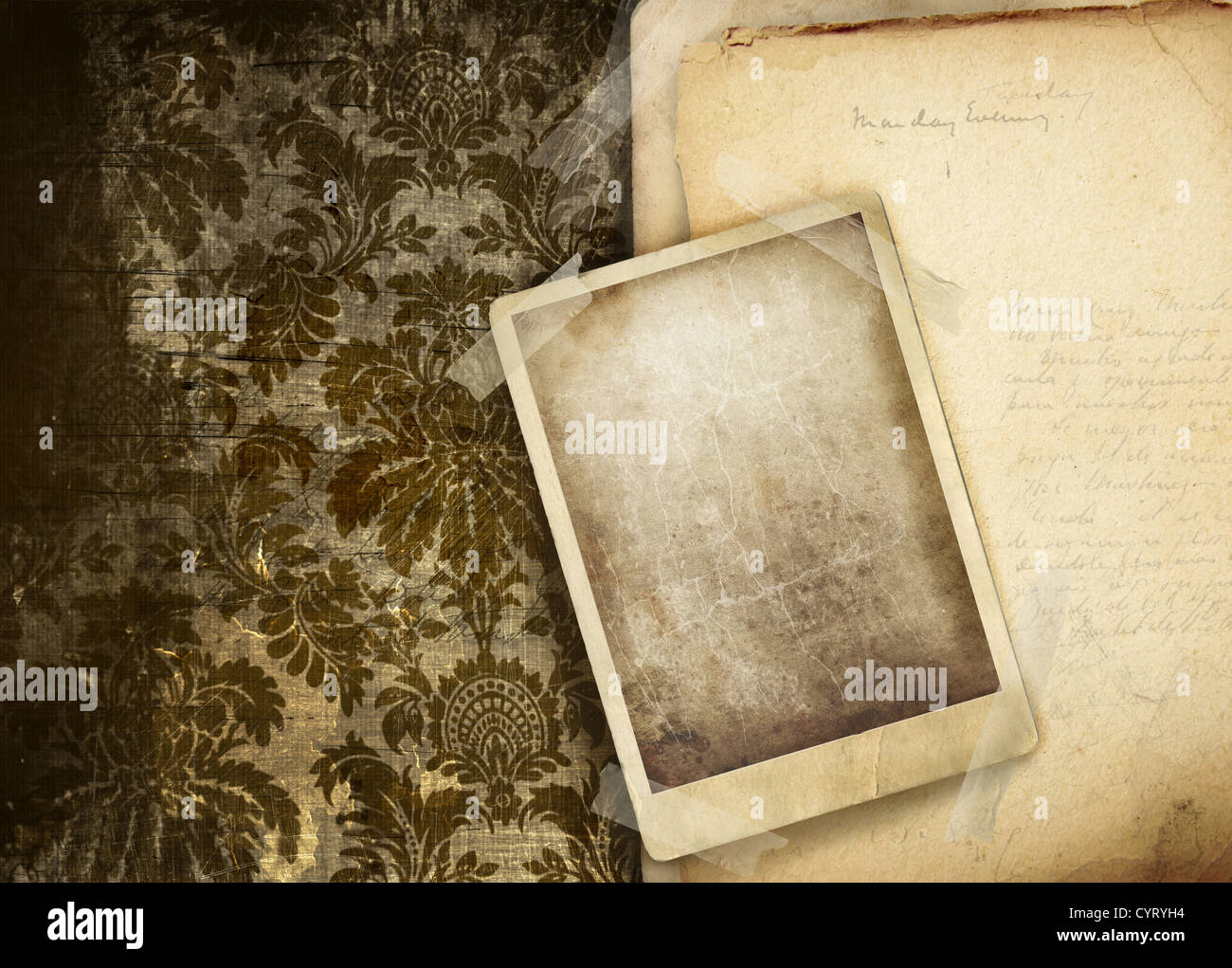Vintage floral background with old papers and photo Stock Photo - Alamy