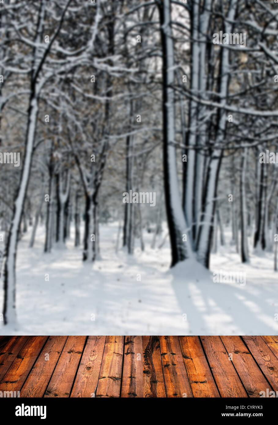 Winter forest and wooden floor Stock Photo - Alamy