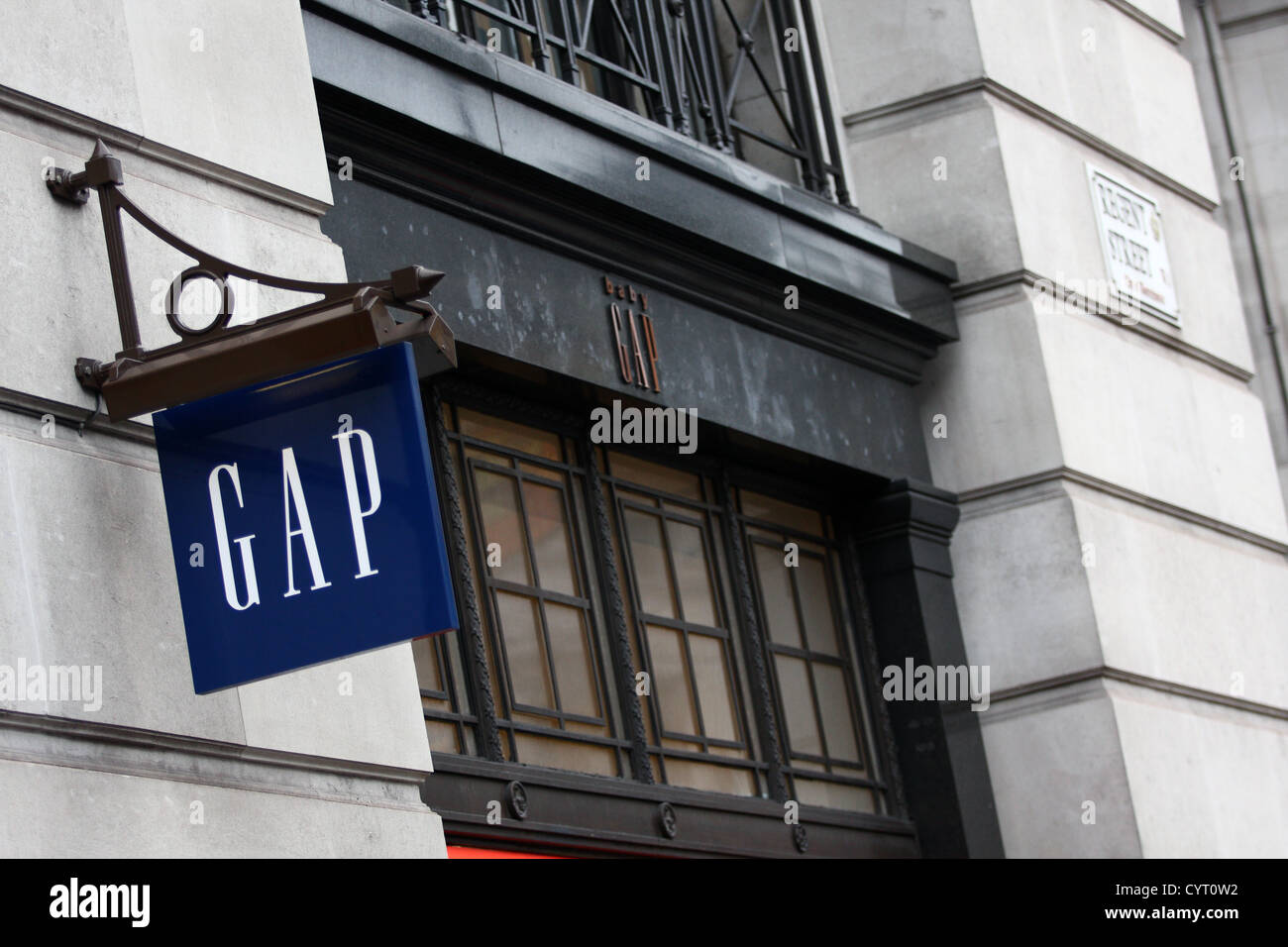 A hanging sign for the Gap store in Regent Street London Stock Photo ...