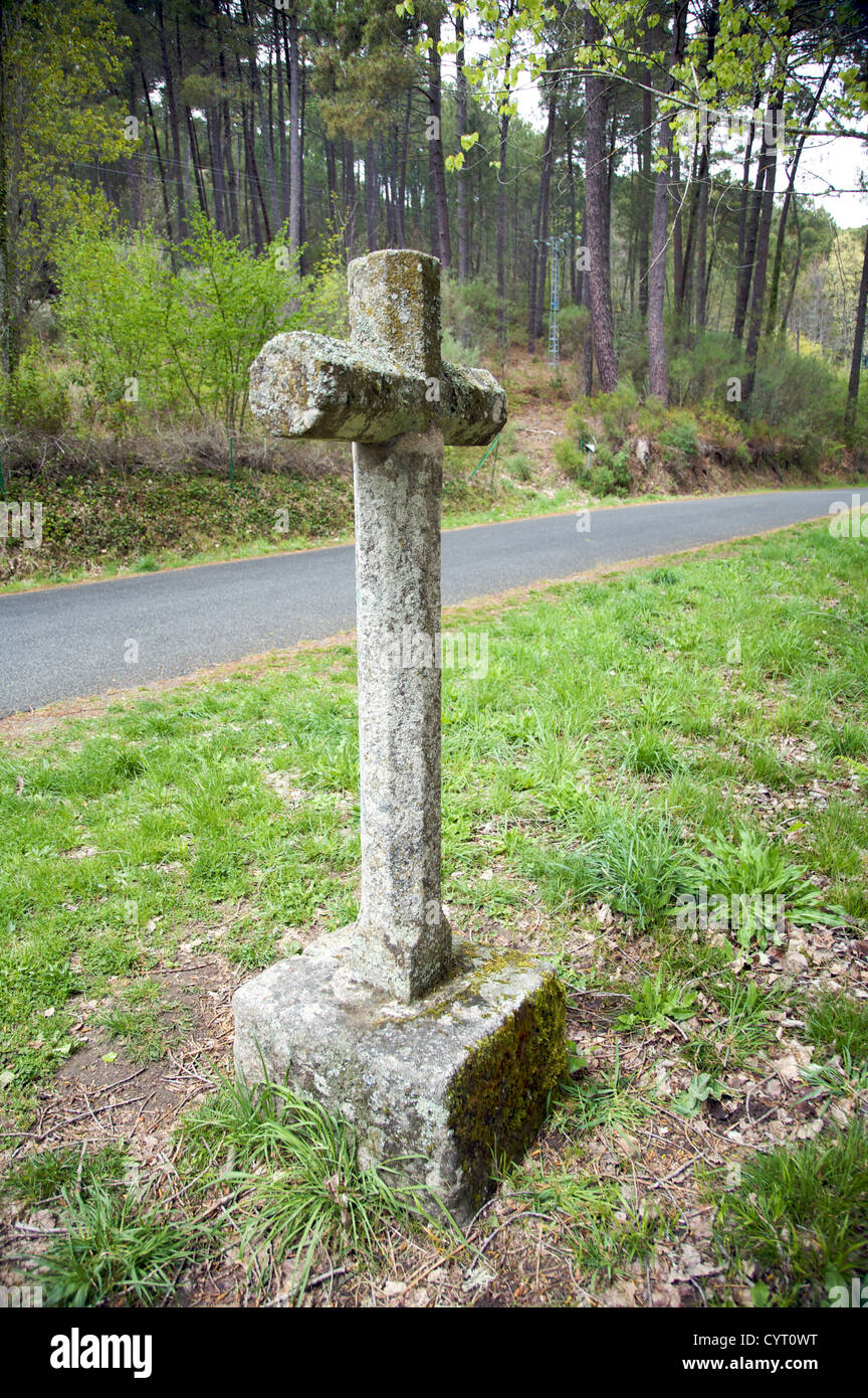 stone cross at the forest in arenas village spain Stock Photo - Alamy