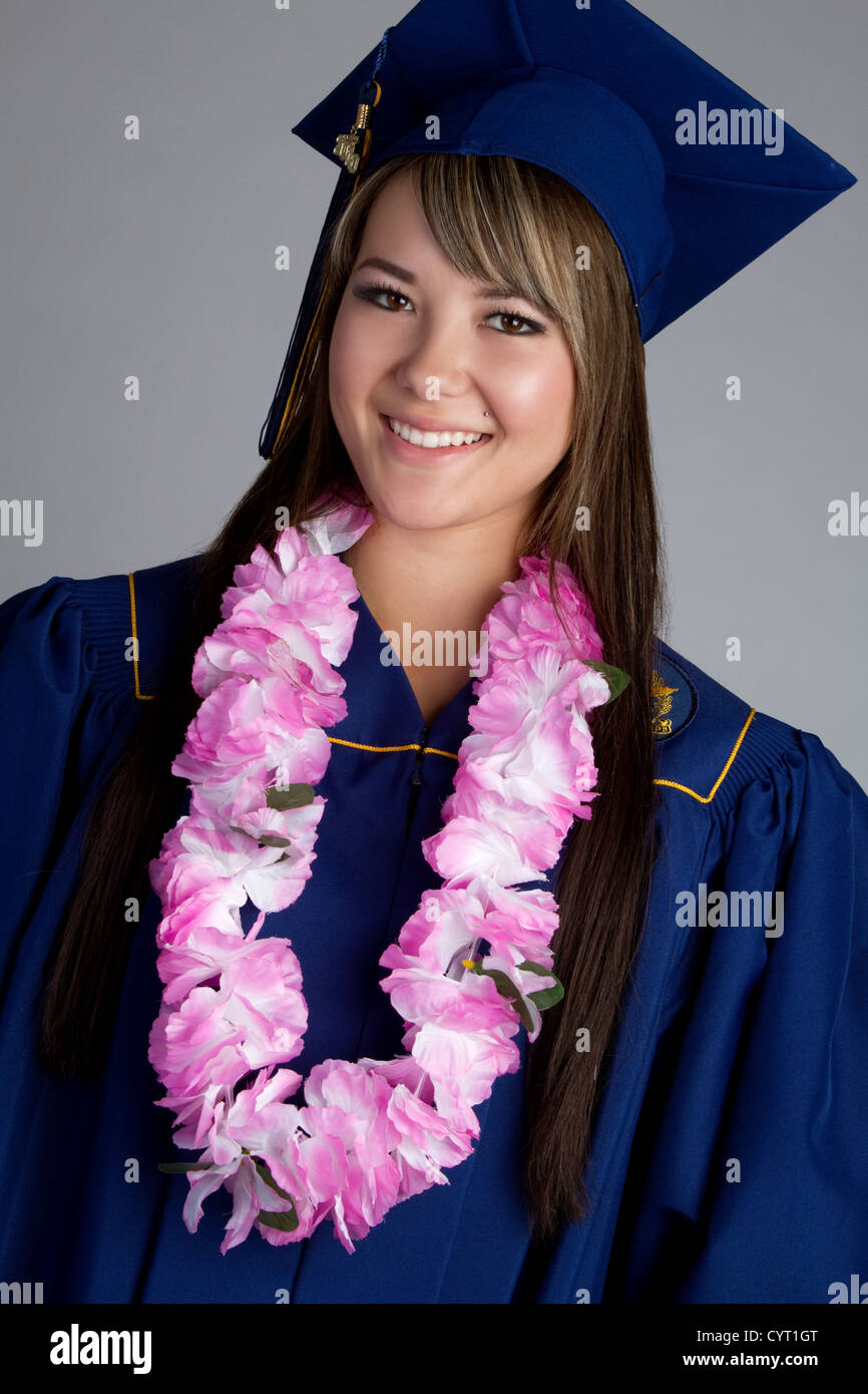 Graduation girl wearing flower lei Stock Photo - Alamy