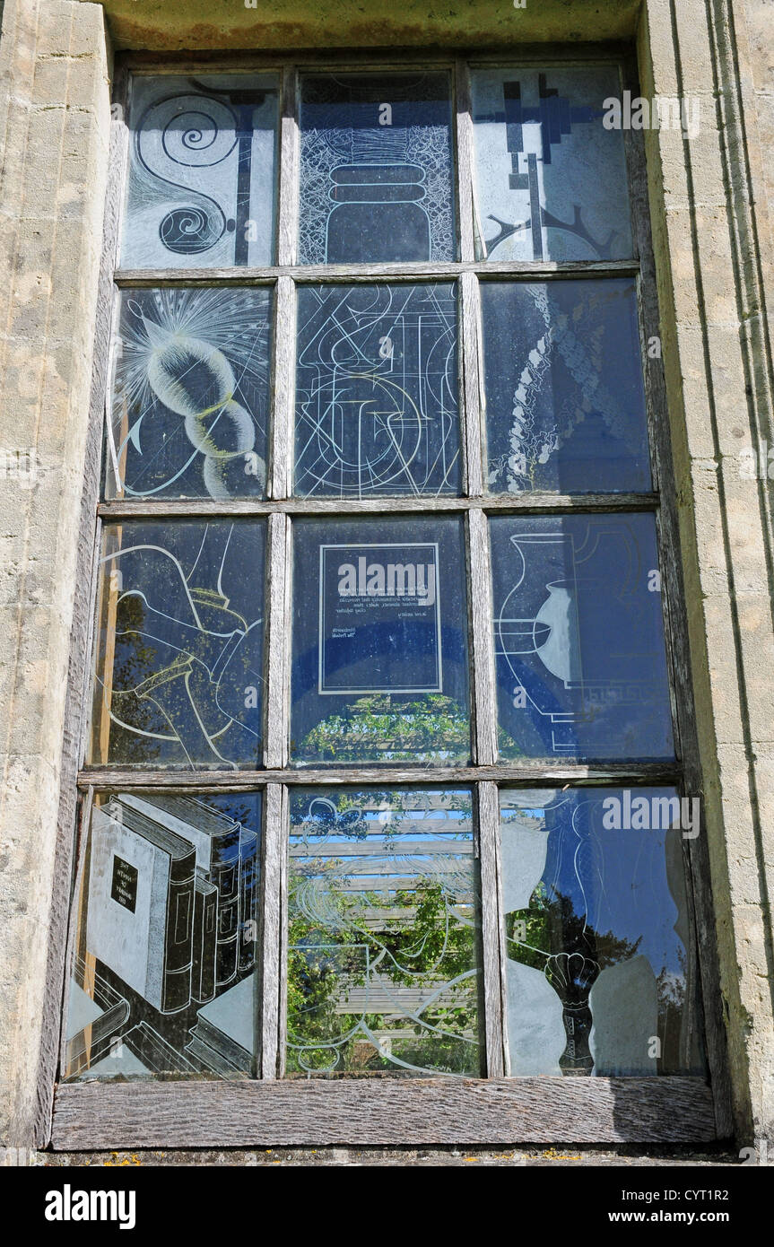 Modern engravings on the West window of the Gazebo, depicting College ...