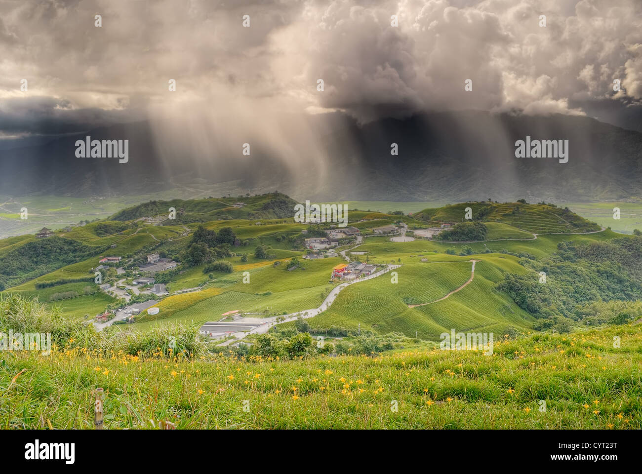 Bad weather landscape of countryside with rain on hills in farm Stock ...