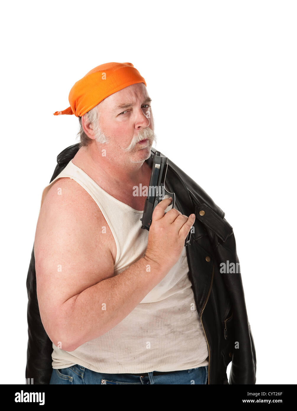 Biker with big pistol on white background Stock Photo - Alamy
