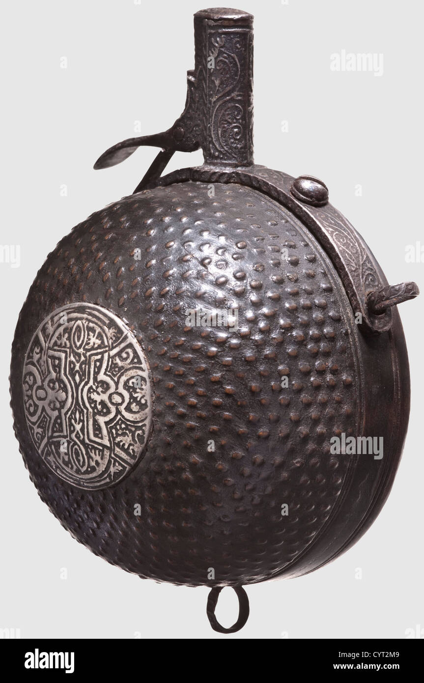 A Saxon priming powder flask, 1580/90. Hemispherical, knobbed wooden ...