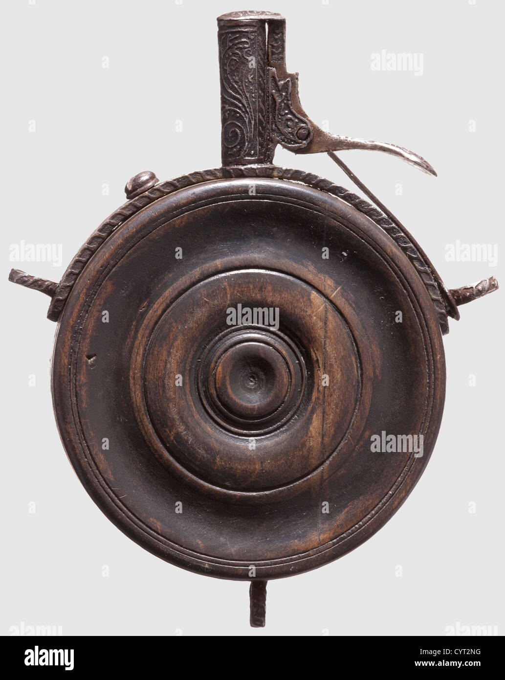 A Saxon priming powder flask, 1580/90. Hemispherical, knobbed wooden ...