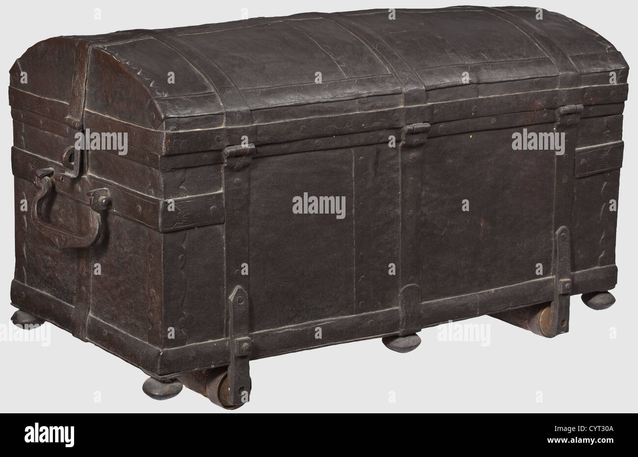 A French war chest with a cambered lid, 1st Half of the 18th century A ...