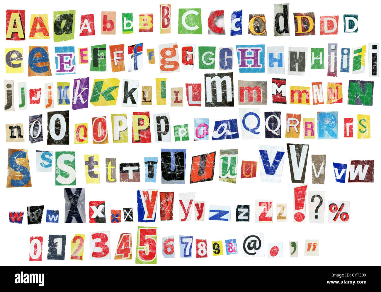 Grunge newspaper alphabet with letters, numbers and symbols. Isolated ...