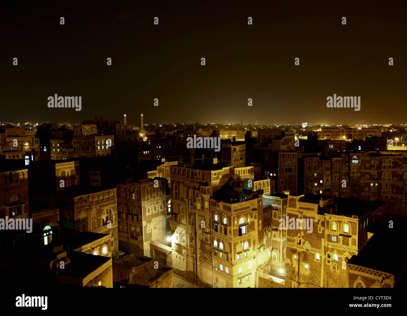 Night View Of Storeyed Tower Houses Built Of Rammed Earth, Sanaa, Yemen ...