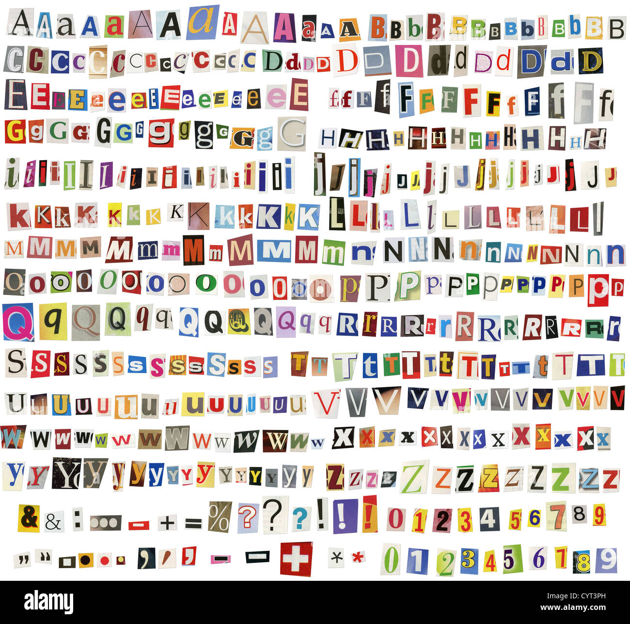 Newspaper, magazine alphabet with letters, numbers and symbols ...
