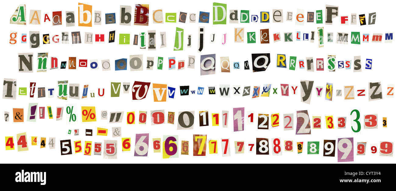 Newspaper alphabet with numbers and symbols, isolated on white Stock ...