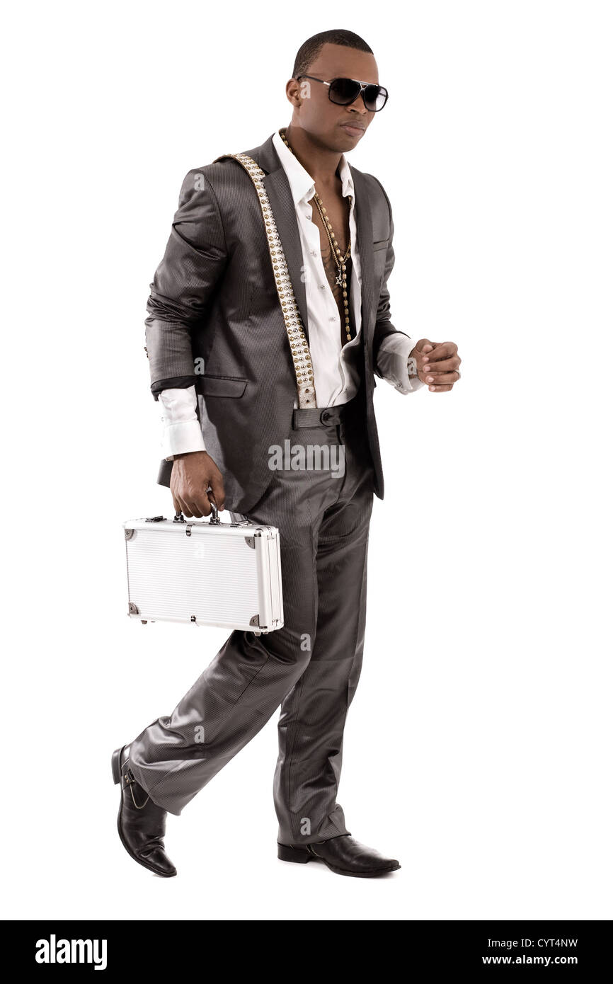 Gangster walking with his briefcase on a isolated white background ...