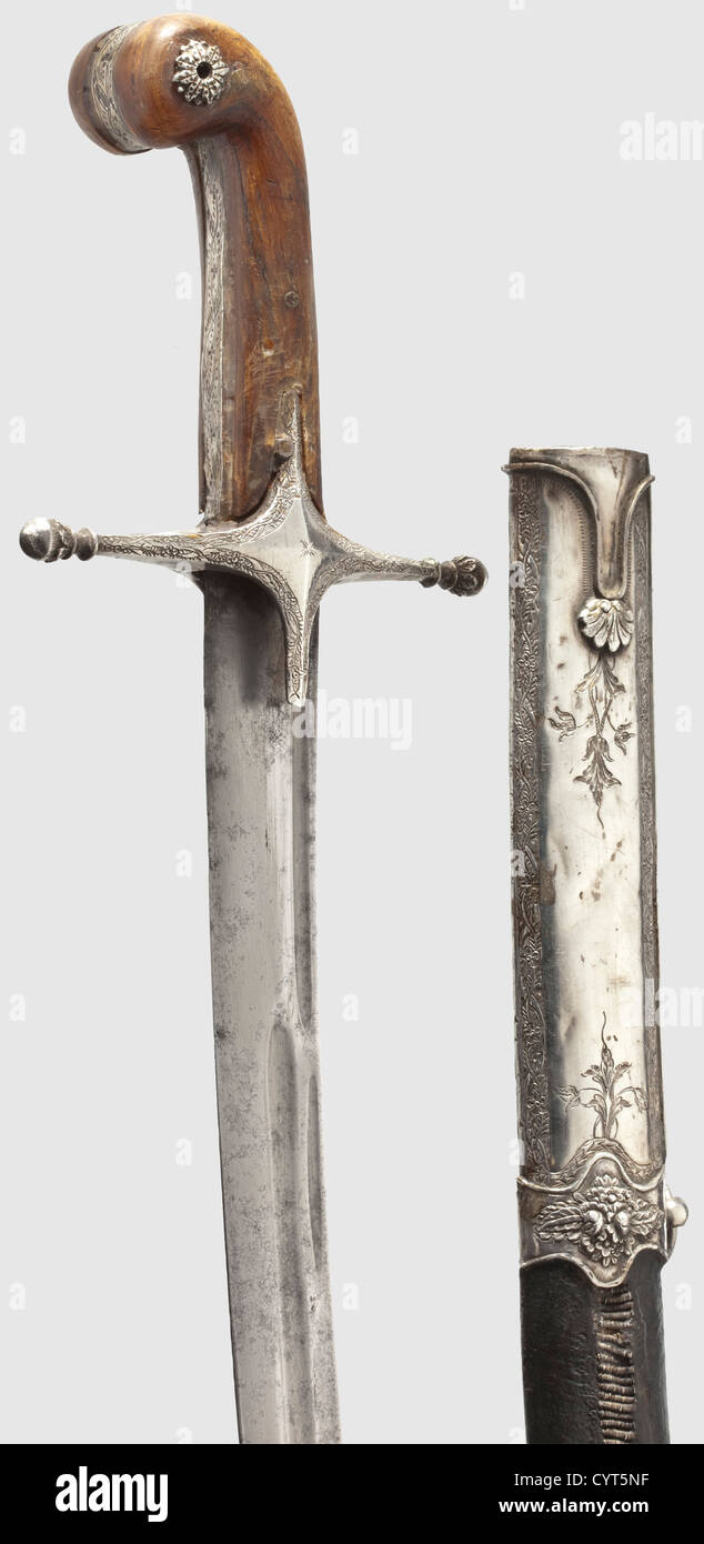 A silver mounted Ottoman samshir,circa 1800 Heavy welded Damascus ...