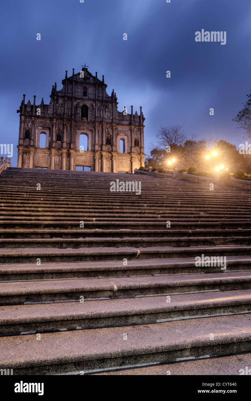 Macao landmark - Ruins of St. Paul's with stairs and lamp in night ...