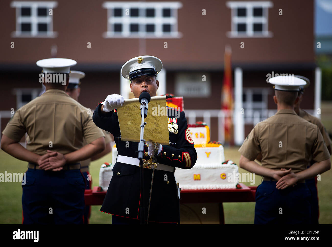 U.S. Marine Staff Sgt. Guadalupe Zapata reads General John A. Lejeune's ...