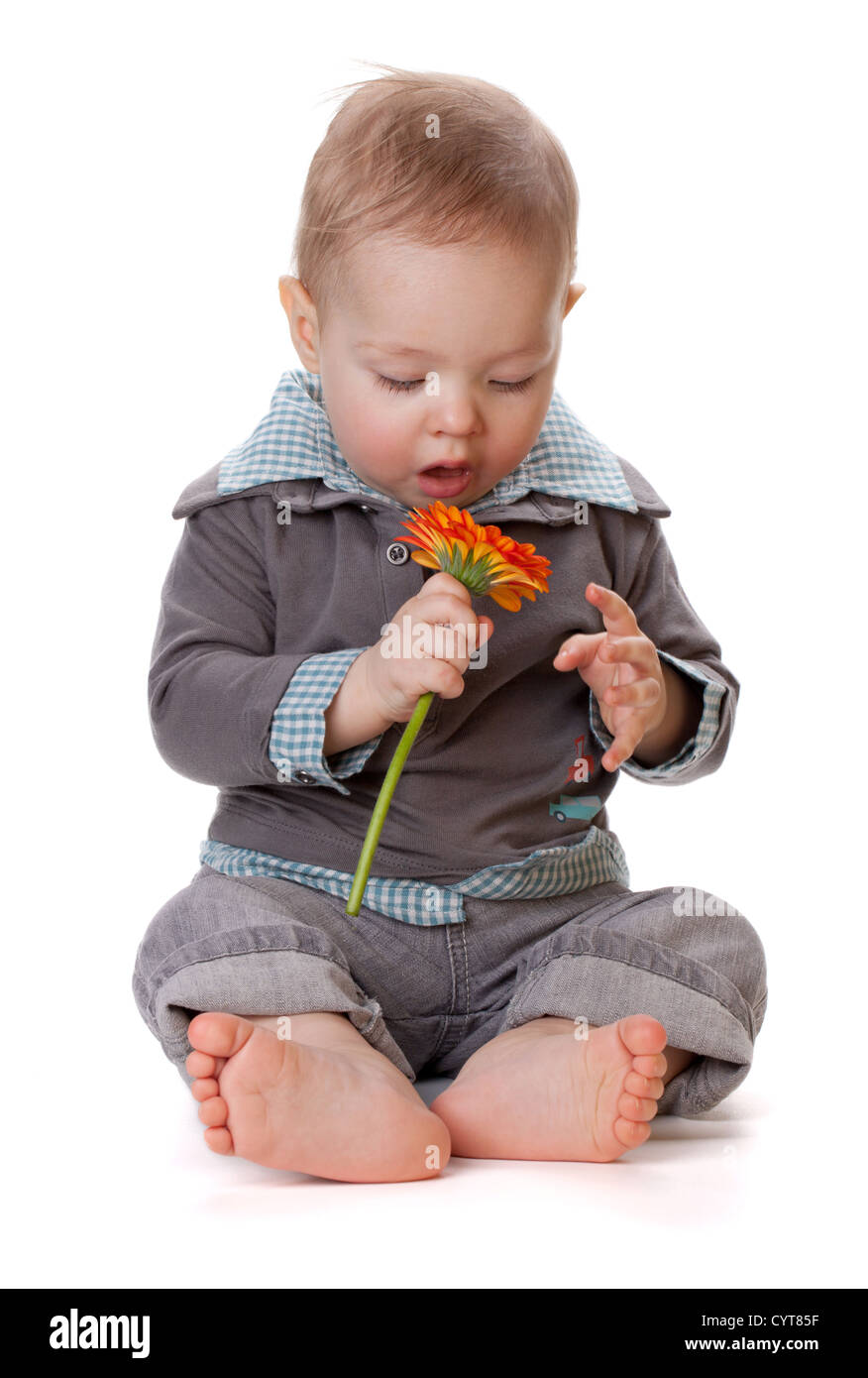 Small baby with orange flower. Isolated on white Stock Photo - Alamy