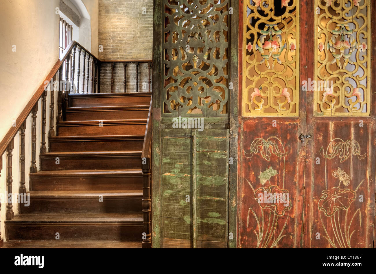 Stair in Chinese traditional style with wooden door Stock Photo - Alamy