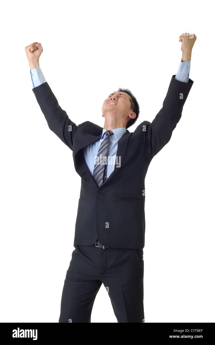Angry business man rise hands and fist, isolated on white background ...