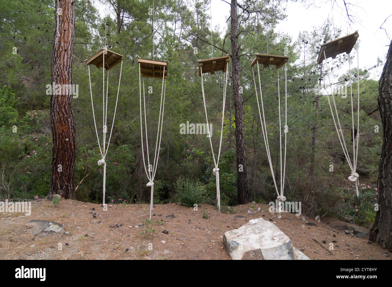 Rope constructions made for tourist recreation in forest Stock Photo ...