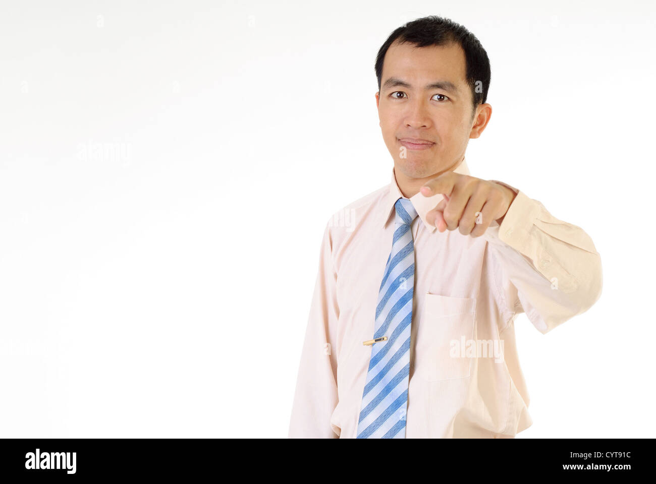 Asian executive point out, closeup portrait with copyspace on white ...