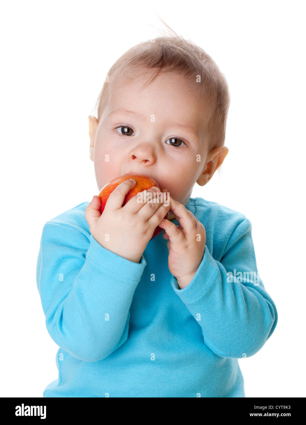 Small baby eating red apple. Isolated on white Stock Photo - Alamy