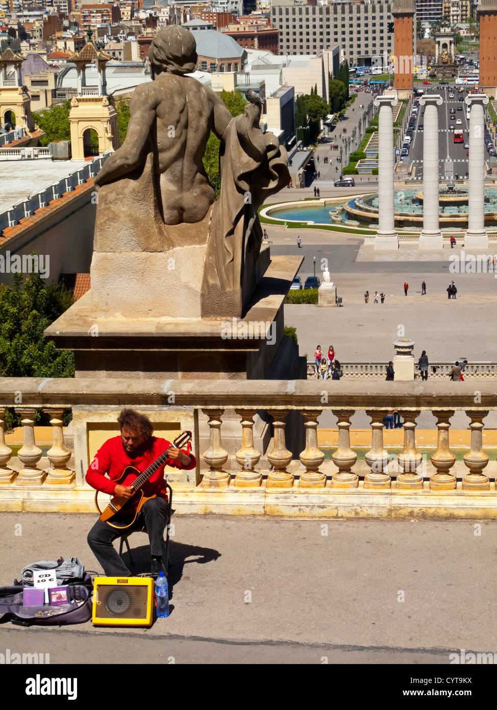 Busker playing guitar in Barcelona city centre Catalonia Spain with ...
