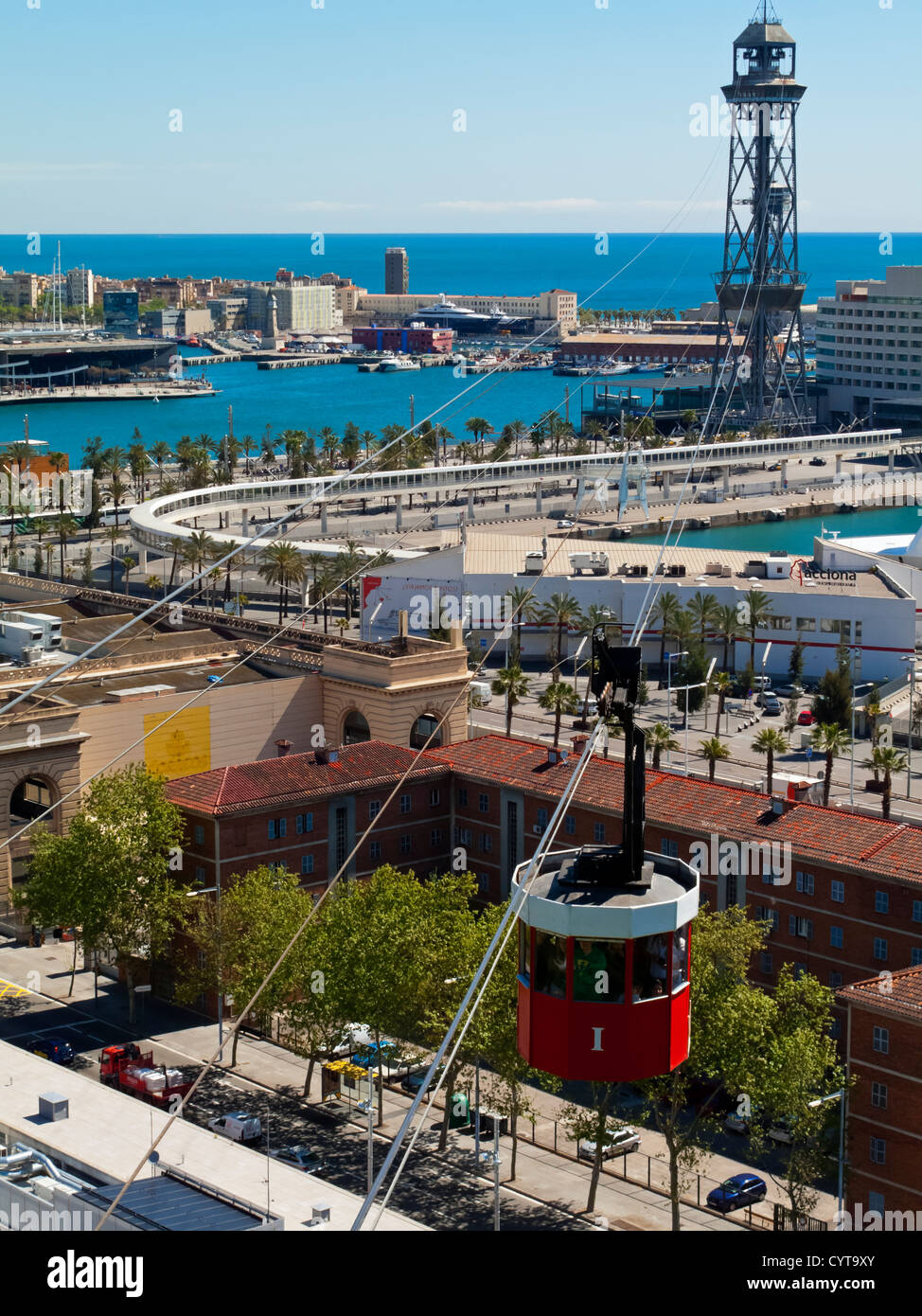Cable car and tower at Barcelona harbour Catalonia Spain seen from the ...