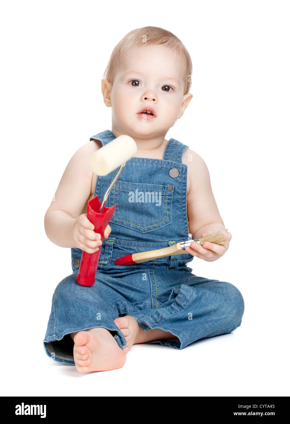 Small baby worker with paint brush and roller. Isolated on white Stock ...